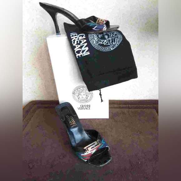 Versace | Shoes | Versace Multi Color Fabric And Black Leather Heeled ...
